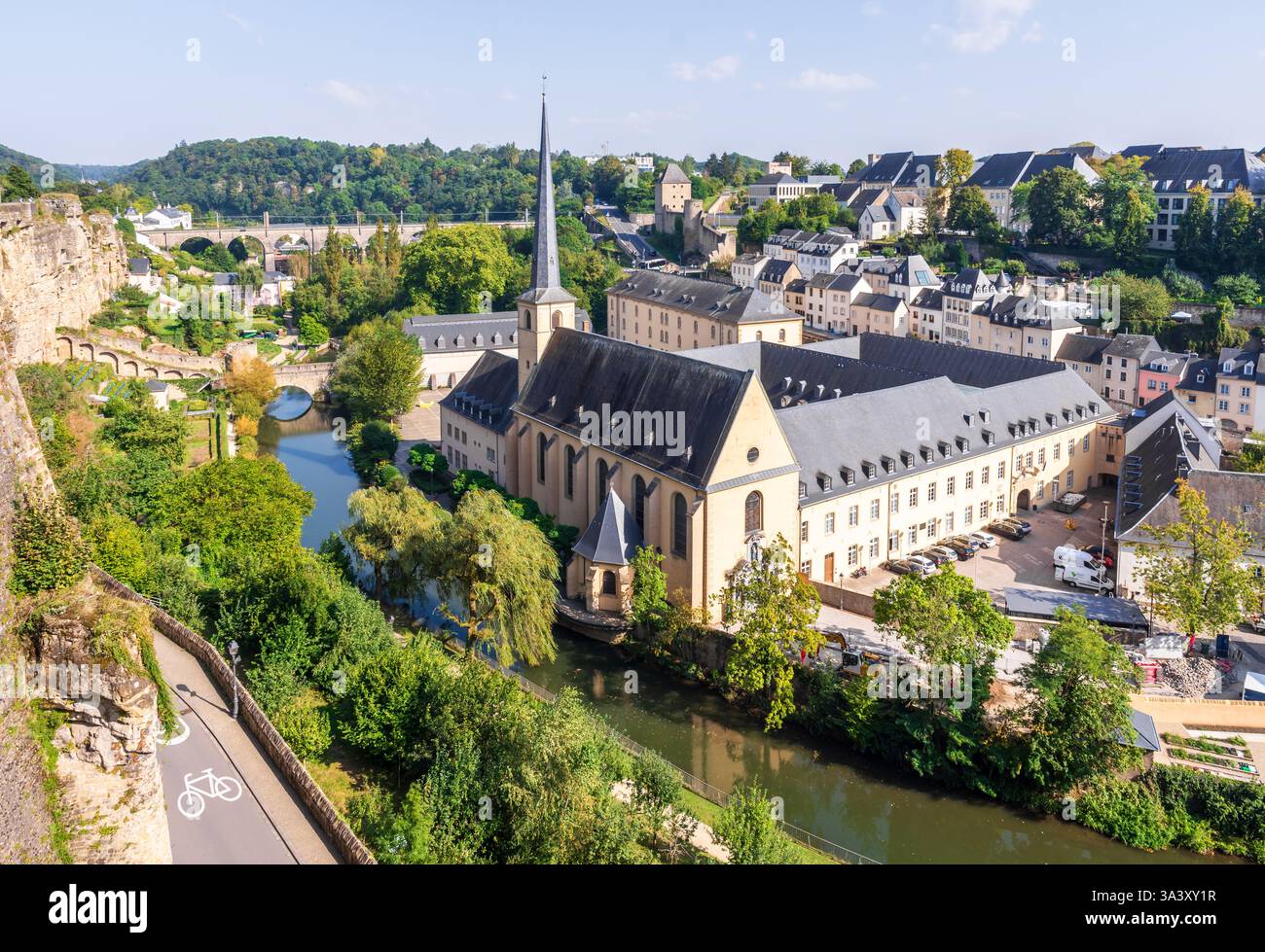 View over the Neimënster Abbey and the Grund district in the Alzette ...