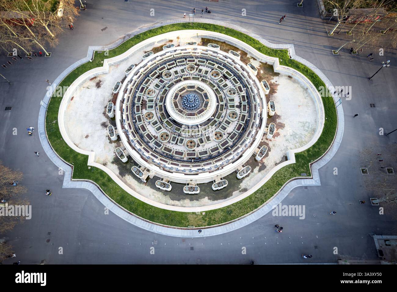 Aerial drone view of the dry Magic Fountain of Montjuïc in Barcelona ...