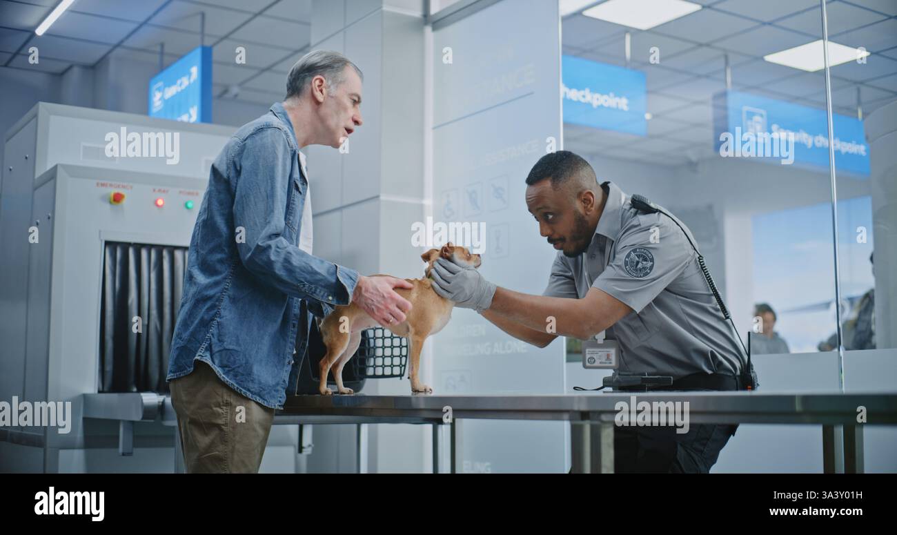 Mature Man with Pet During Screening Procedures in Airport Terminal ...