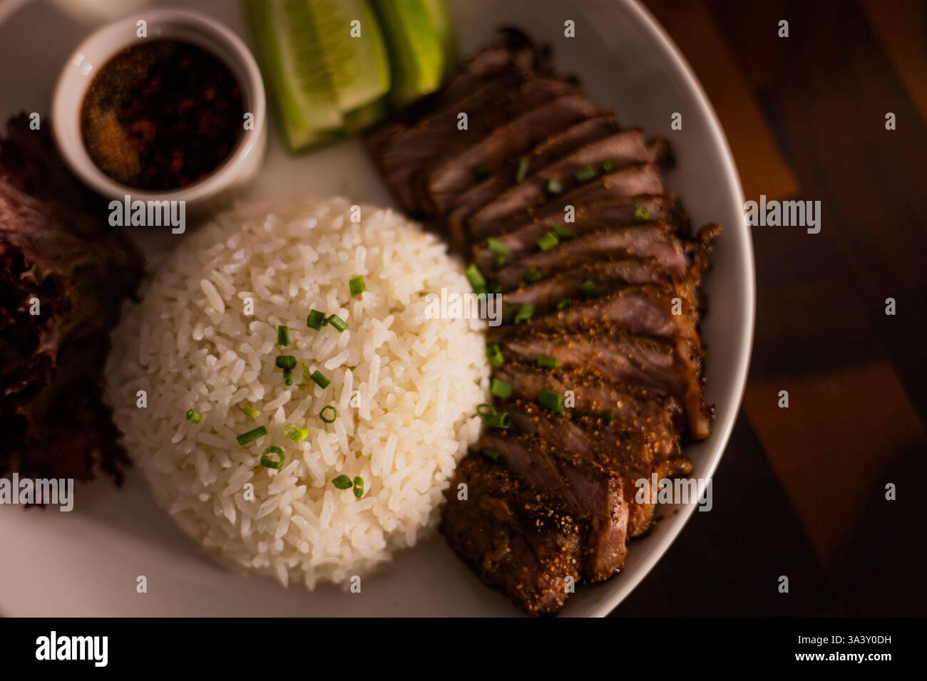 Steamed Rice And Grilled Meat On Plate, Background for advertising and ...