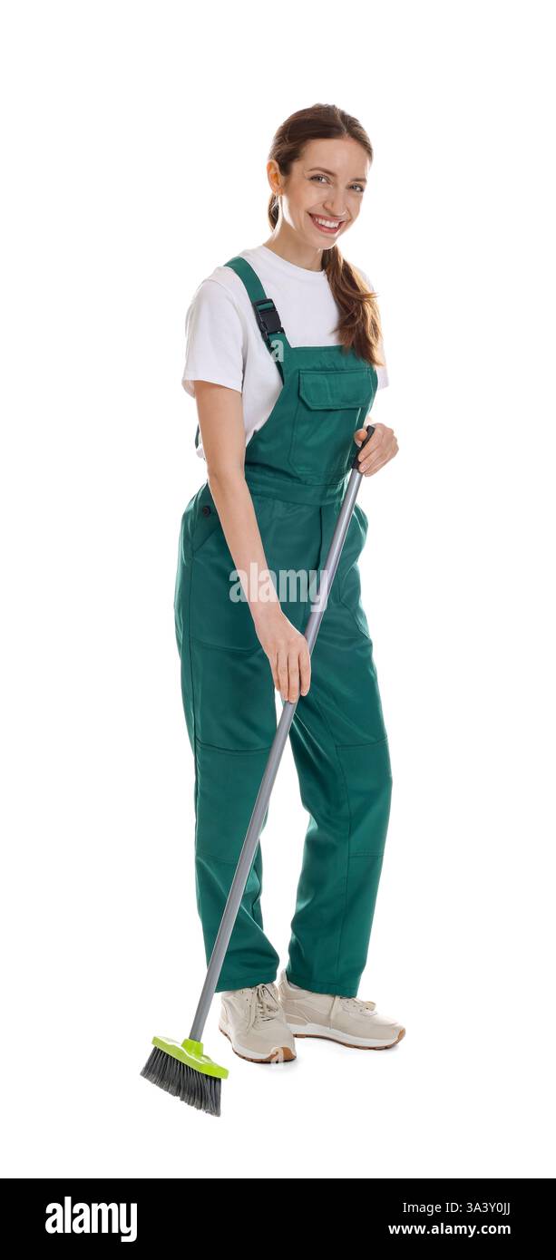 Smiling cleaning service worker with broom on white background Stock ...