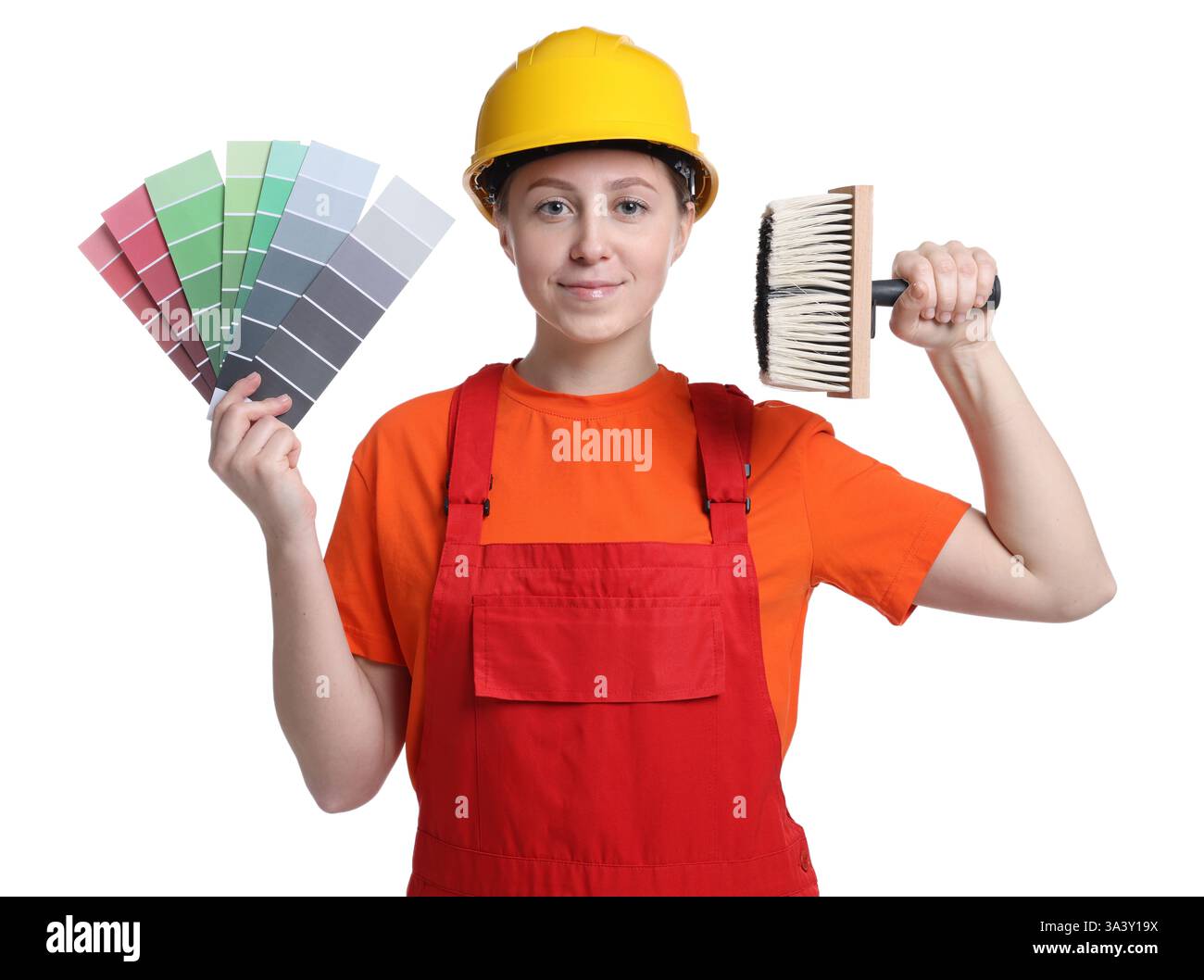 Professional painter with color selection chart and brush on white ...