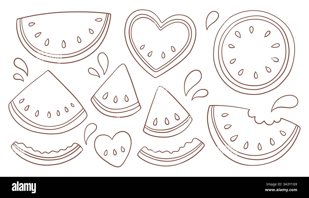 Whimsy watermelon set. Line art illustration with various stylized ...
