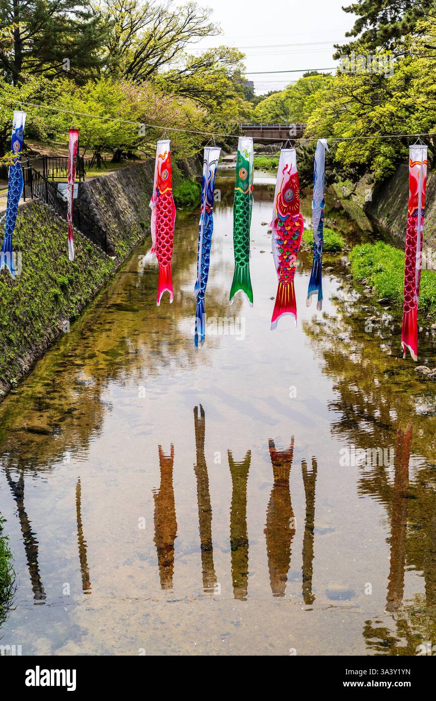 Koi, crap banners, known as Koinobori, hanging over the Shukugawa River ...