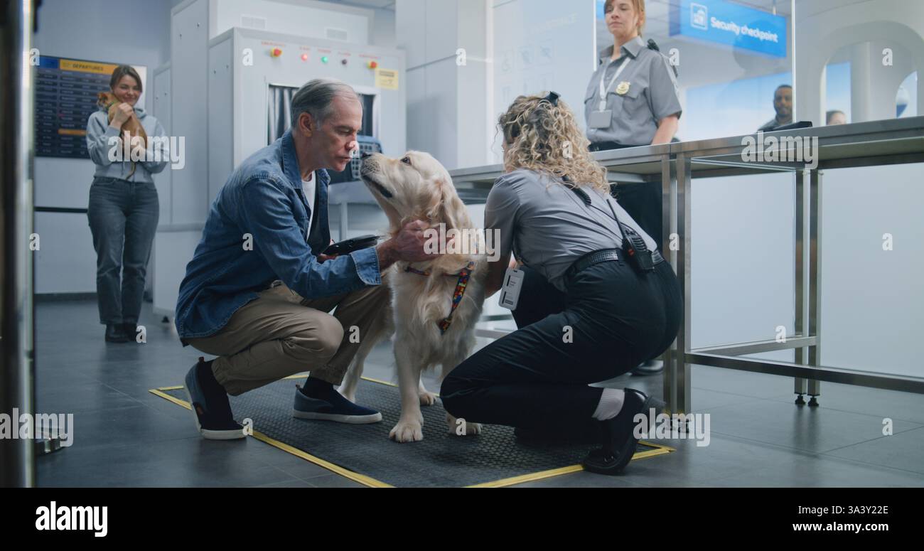 Mature Man with Pet During Screening Procedure in Airport Terminal ...