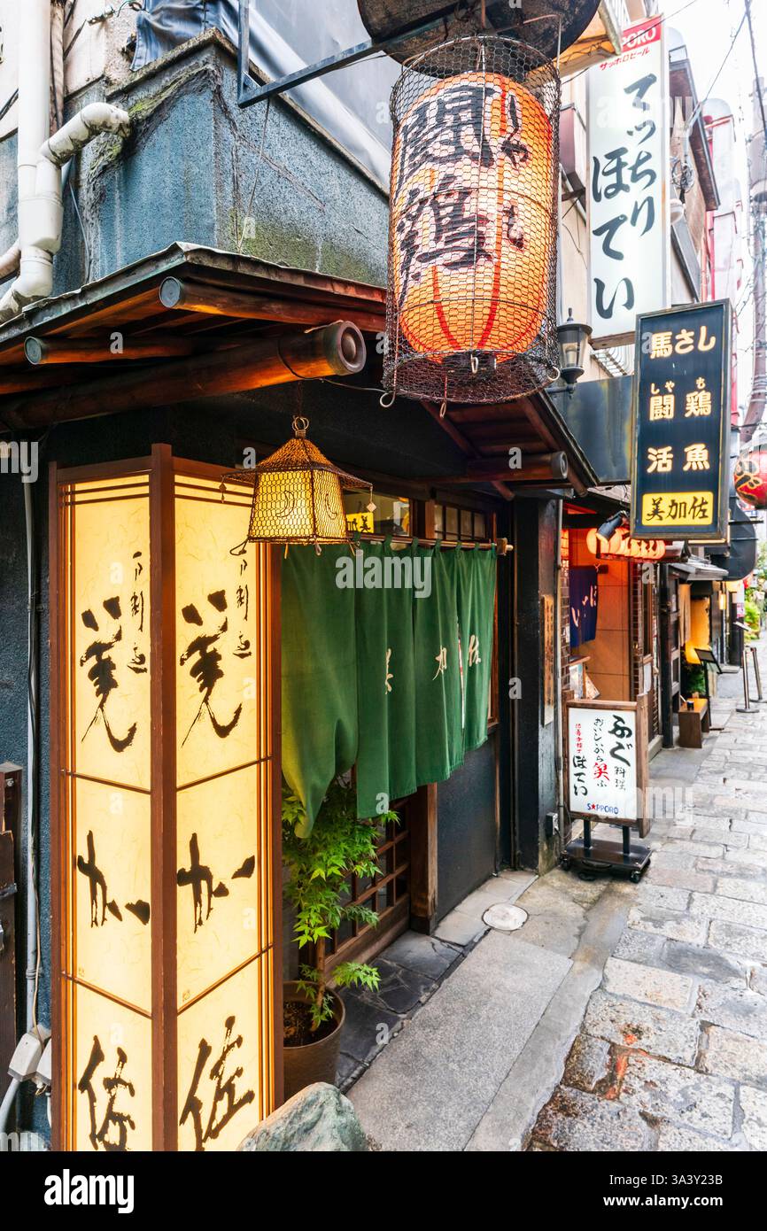 Typical Japanese restaurant with lantern outside and noren curtains ...
