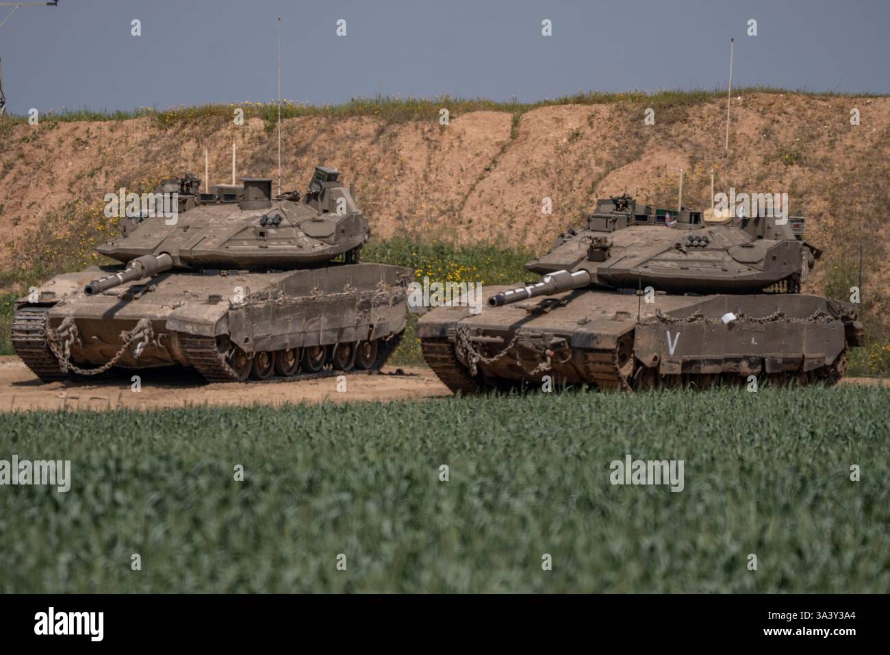 18 March 2025, ---: Israeli tanks are seen on the border between Israel ...
