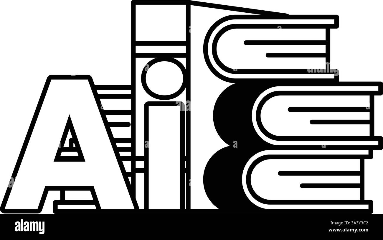 A stack of books with the letter A on top In black and white line style ...
