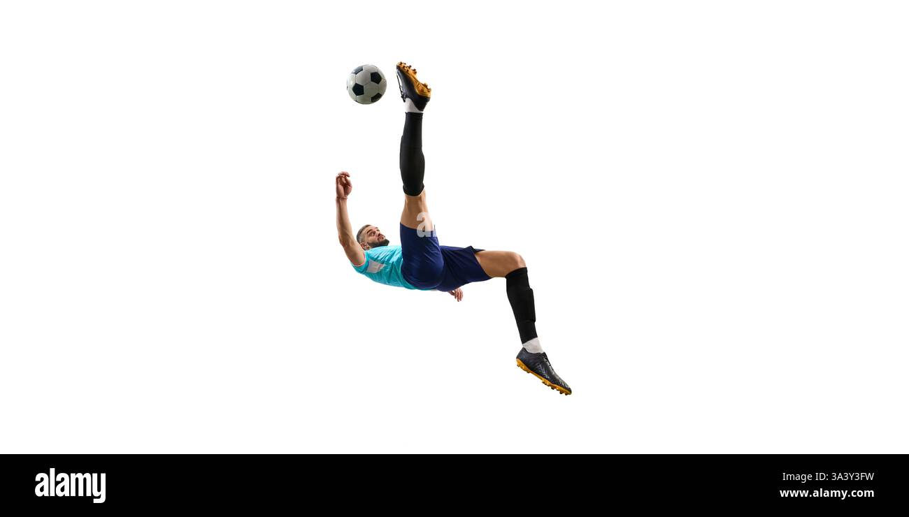 High-energy moment of football player performing precise bicycle kick ...