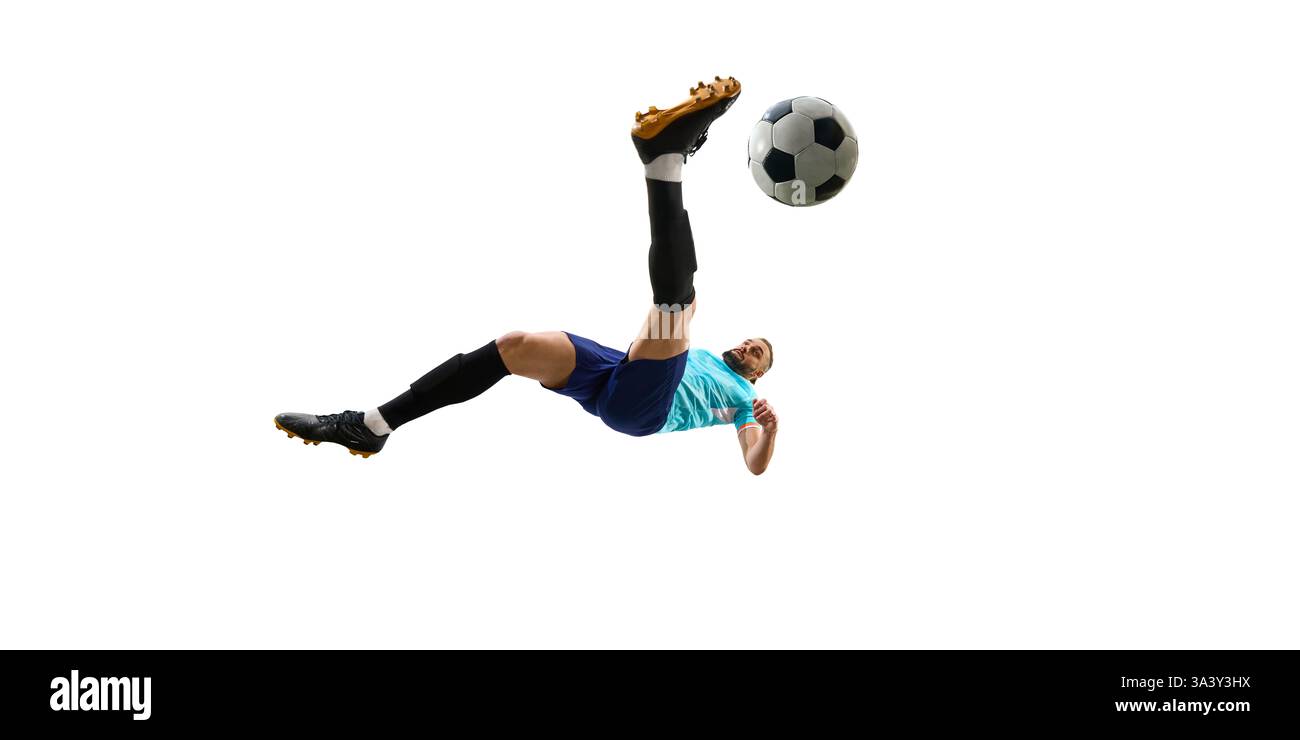 High-energy moment of football player performing precise bicycle kick ...