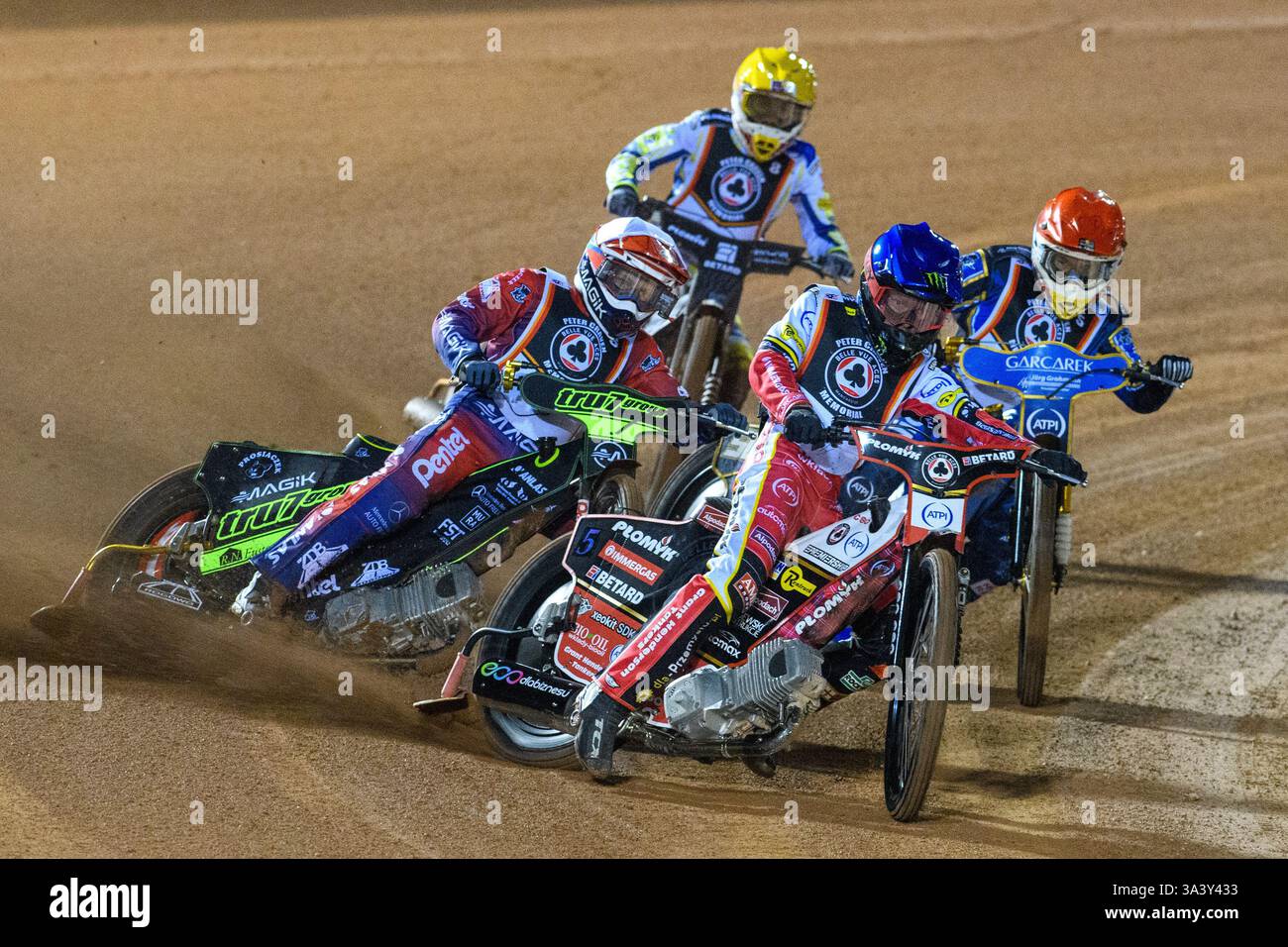 Dan Bewley in Blue leading Emil Sayfutdinov in White, Robert Lambert in ...
