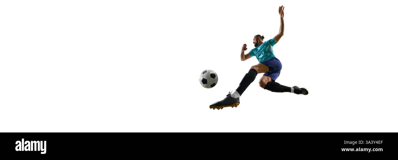 Banner. Football athlete performing flying kick with arms extended ...