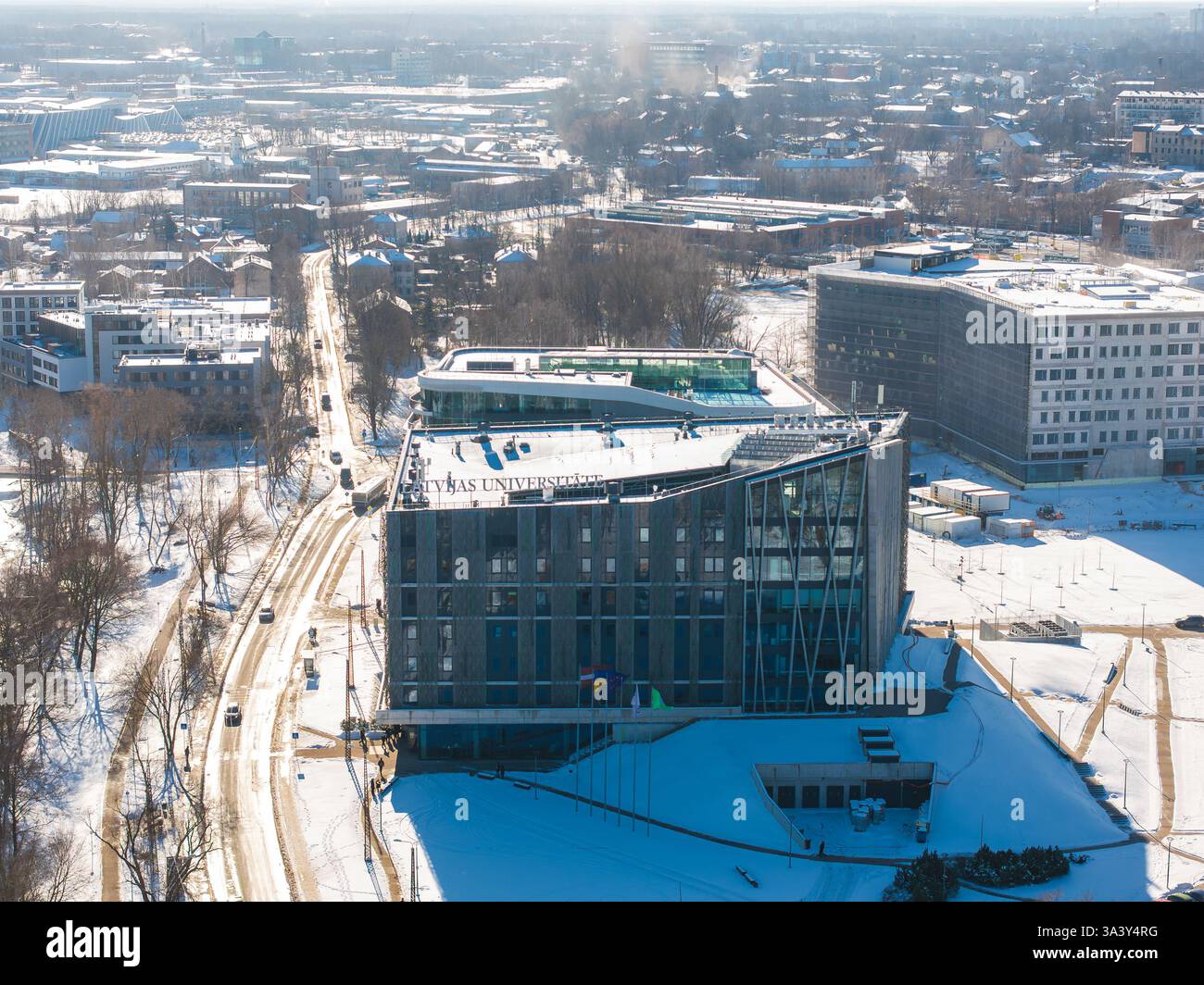 Aerial View of Snowy Riga Featuring University of Latvia Building Stock ...