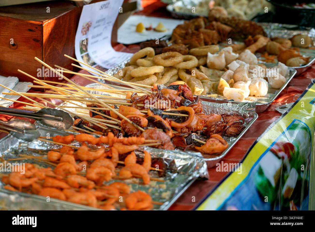 Street food festival in Europe. Asian street food, grilled seafood ...