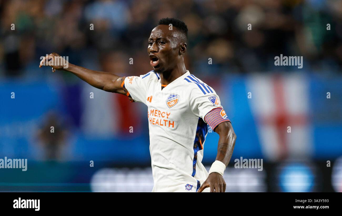 FC Cincinnati midfielder Obinna Nwobodo plays against Charlotte FC during an MLS soccer match in ...