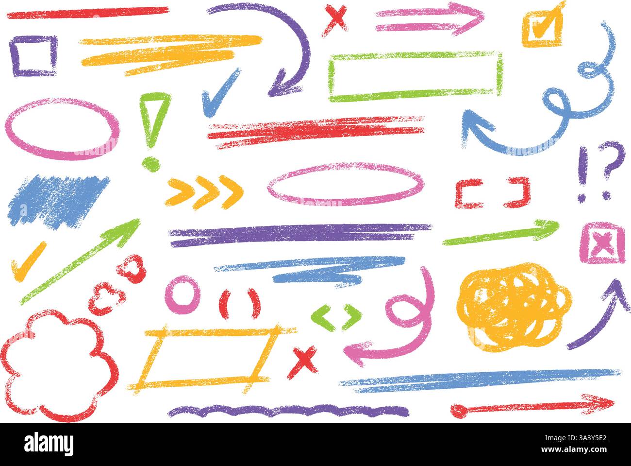 Pastel crayon hand drawn elements - arrows, lines, circles, checkmarks ...