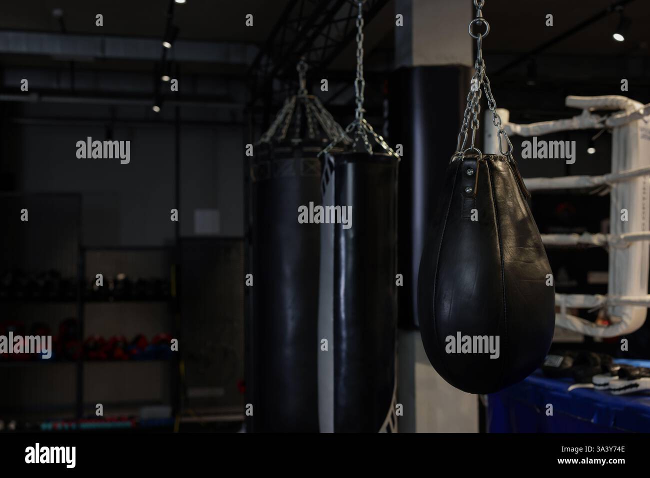 Punching bags and boxing ring in training center Stock Photo - Alamy
