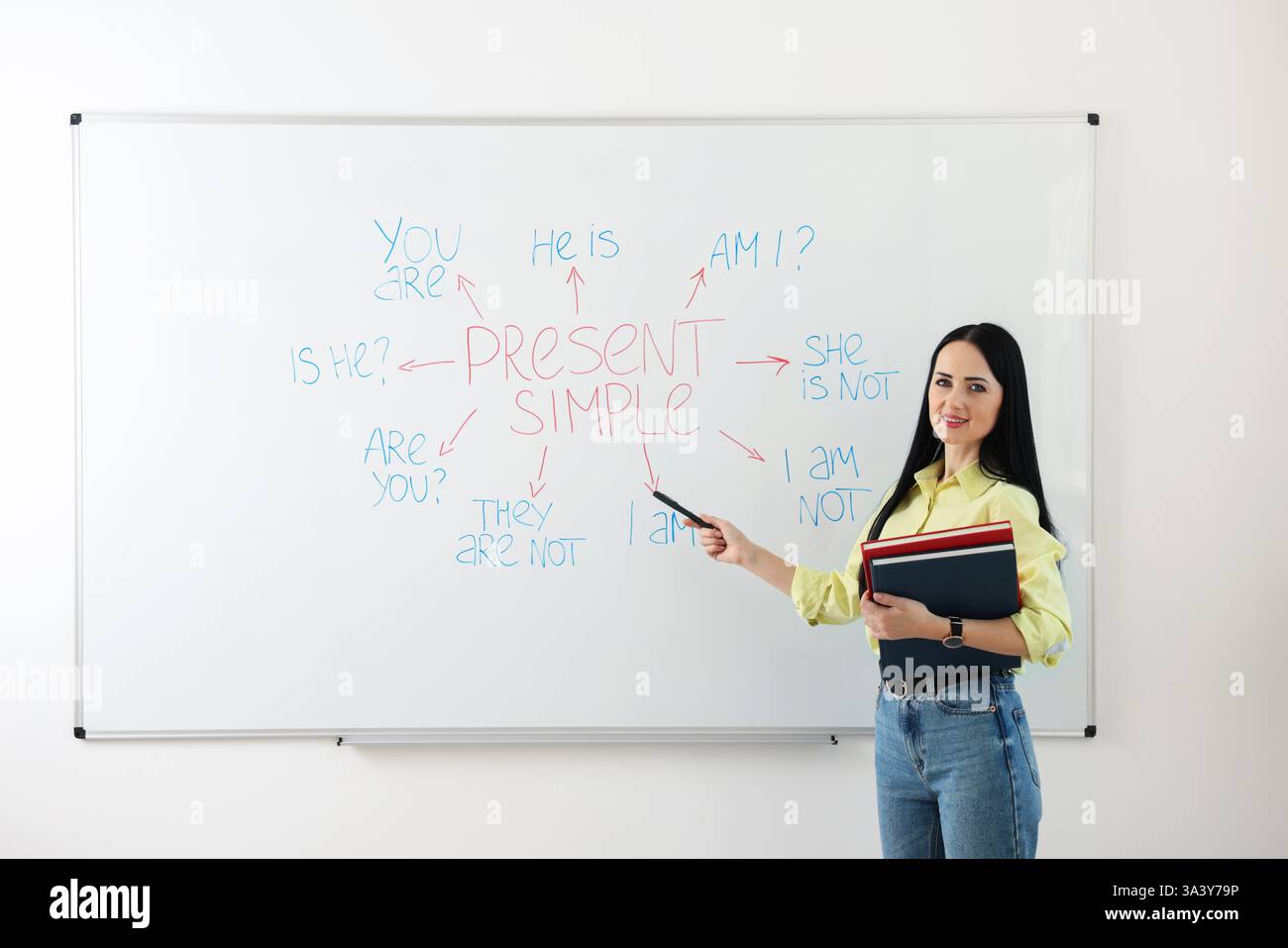 English teacher explaining Present Simple tense at whiteboard in ...