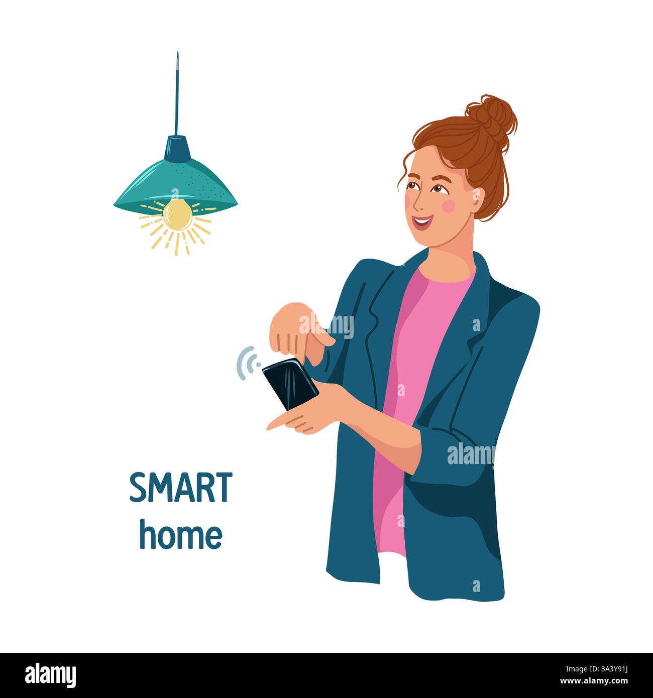 The concept of smart home technology. Woman remotely controls lighting ...