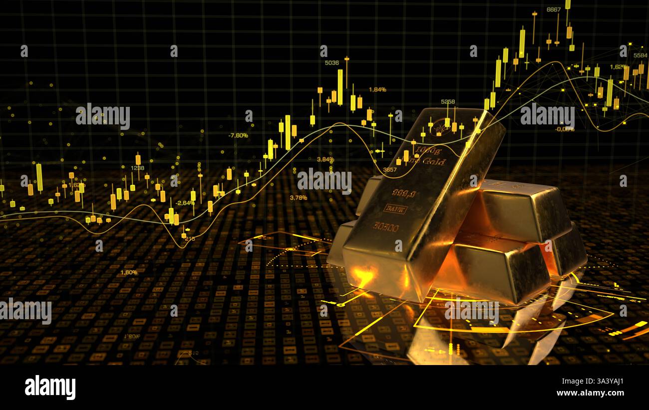 Gold Commodity Trading Stocks Candlestick Chart. 3D illustration A 3D ...