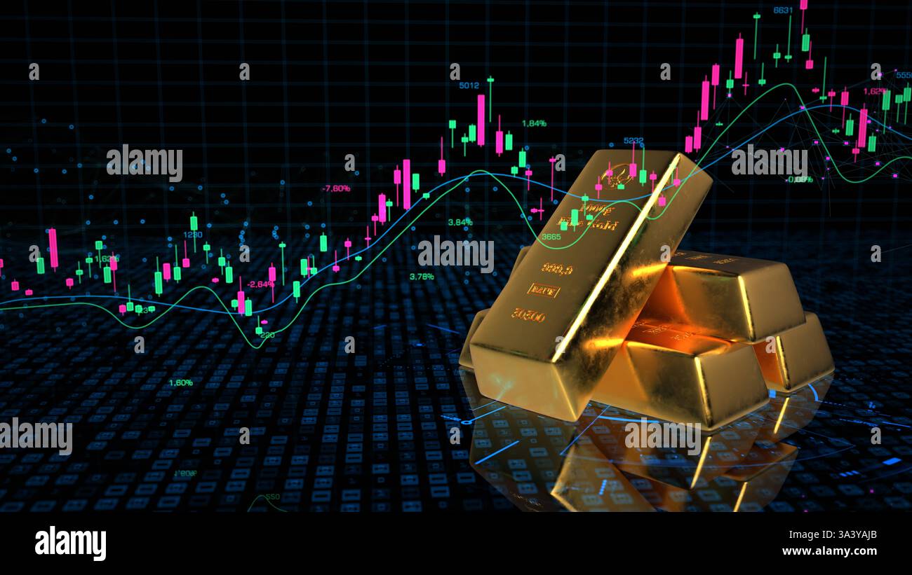 Gold Commodity Trading Stocks Candlestick Chart. 3D illustration A 3D ...