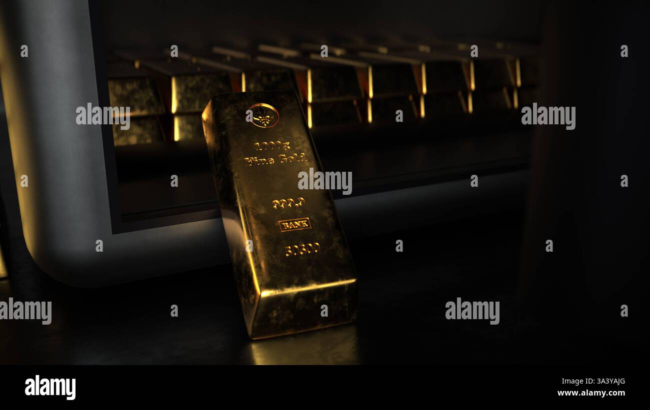 Fine Gold Bars 1000g Opened Safe Fine gold bars in front of an open ...