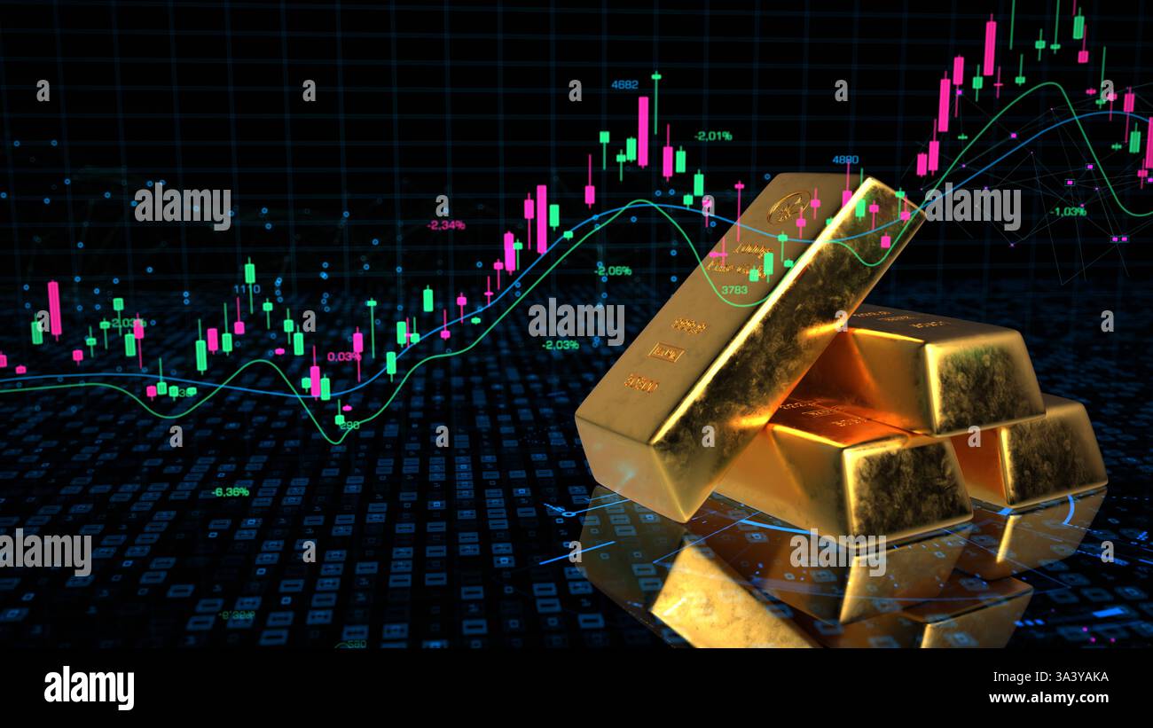 Gold Commodity Trading Stocks Candlestick Chart. 3D illustration A 3D ...