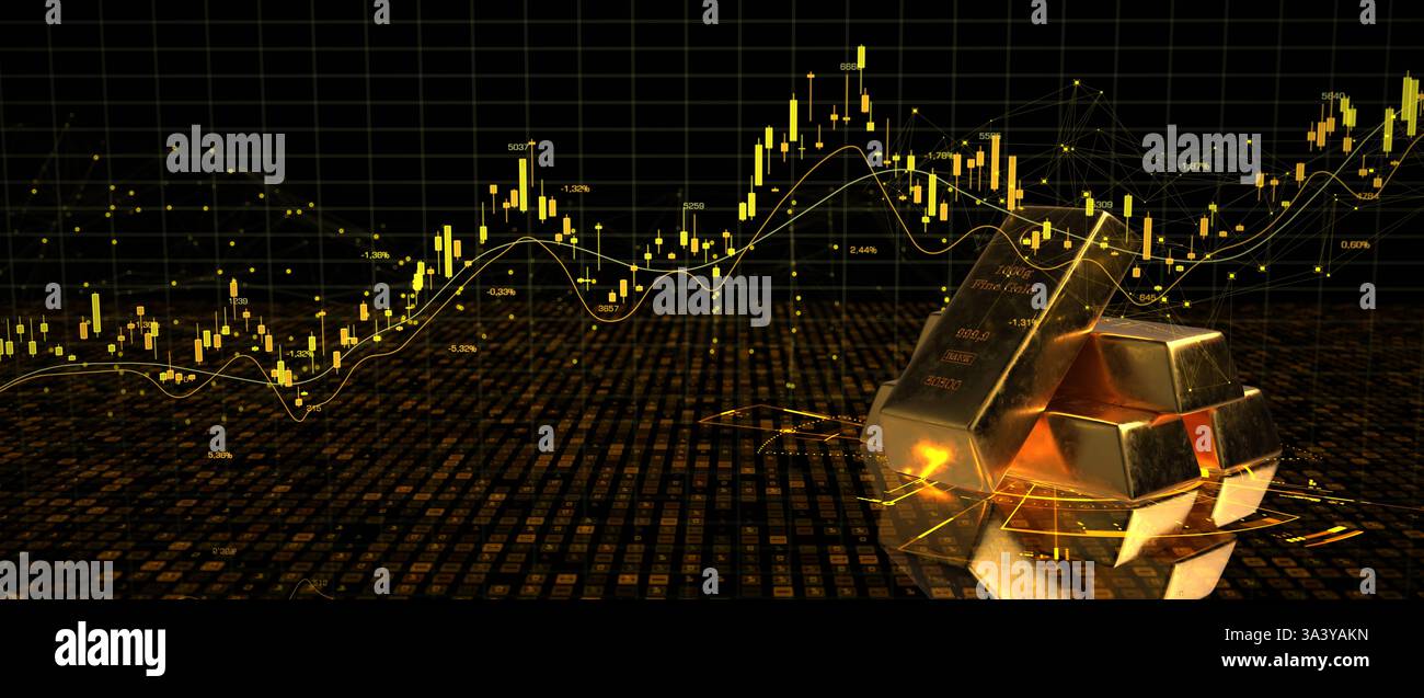 Gold Commodity Trading Stocks Candlestick Chart. 3D illustration A 3D ...
