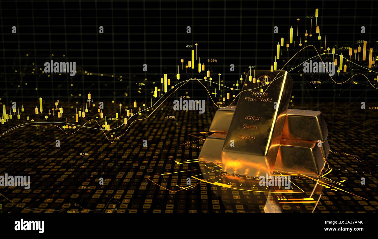 Gold Commodity Trading Stocks Candlestick Chart. 3D illustration A 3D ...