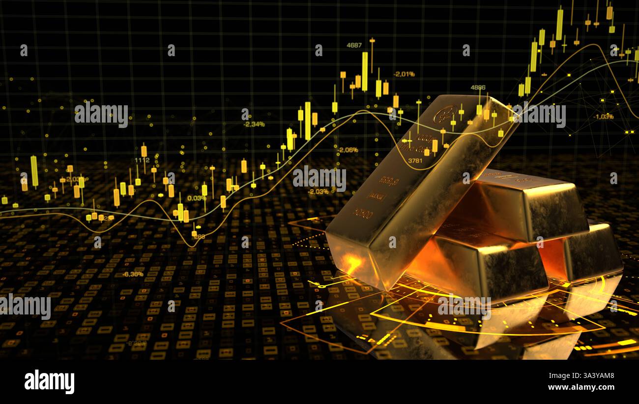 Gold Commodity Trading Stocks Candlestick Chart. 3D illustration A 3D illustration of gold ...