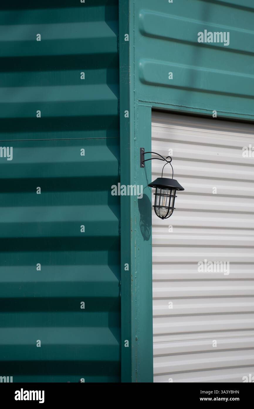 metal shipping container on end upright painted turquoise white metal ...