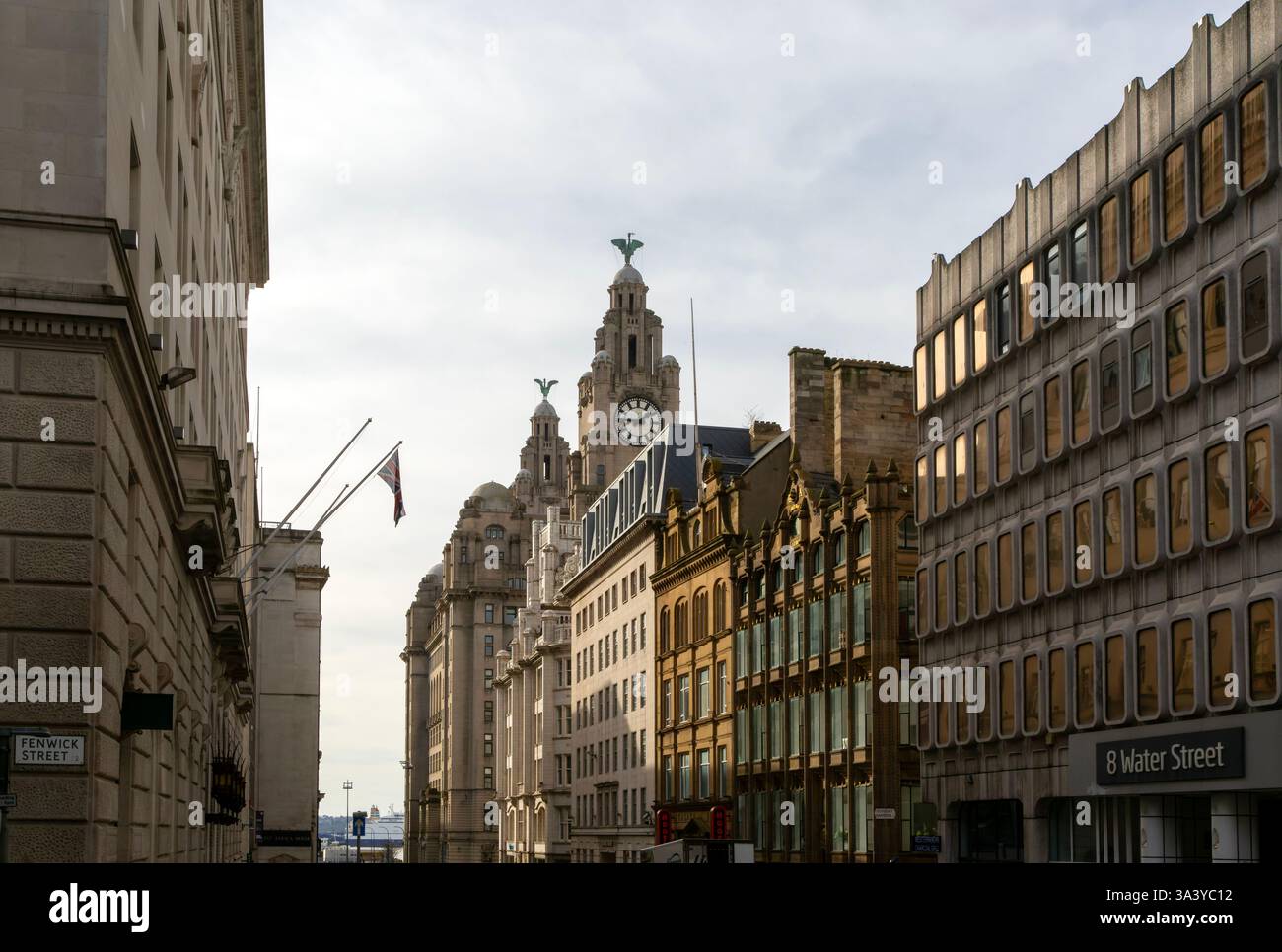 View of rooftop of Royal Liver building from Water Street in city ...