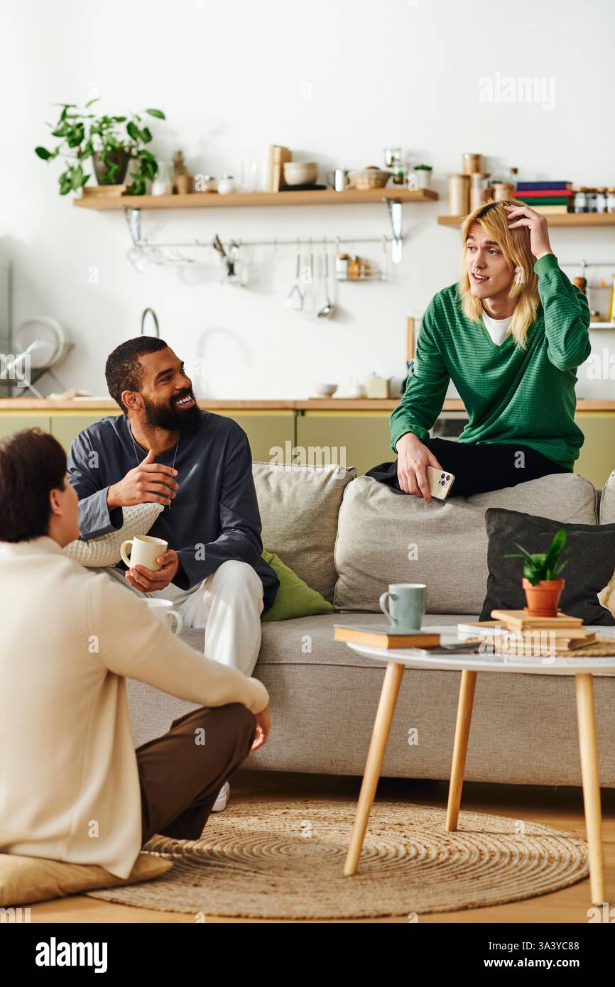 Dynamic group of diverse young men enjoy thoughtful discussions in a ...