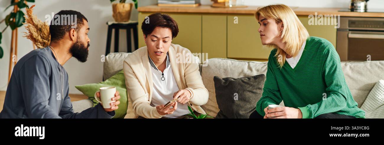 A group of diverse young men engage in thoughtful conversation while ...