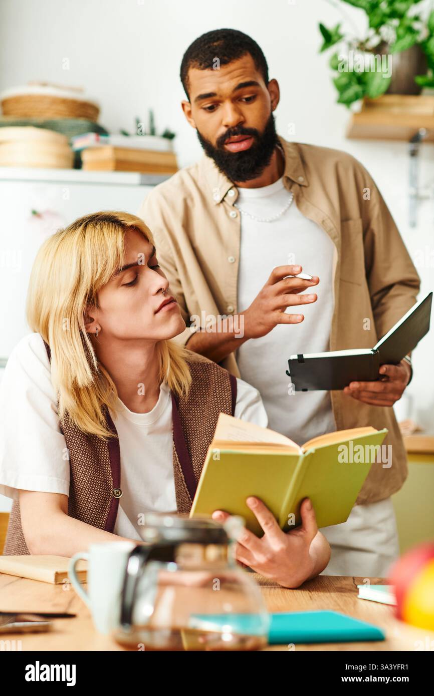 Young men gather at home for an enjoyable evening of reading and ...