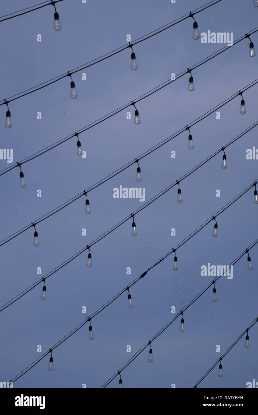 Multiple wire lines of light bulbs hanging from wires in a diagonal ...
