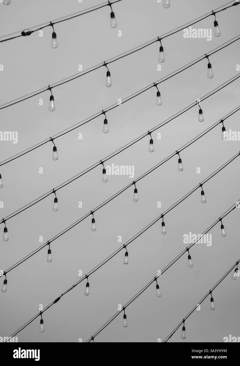 Black and white of wire lines of many light bulbs hanging in a diagonal ...