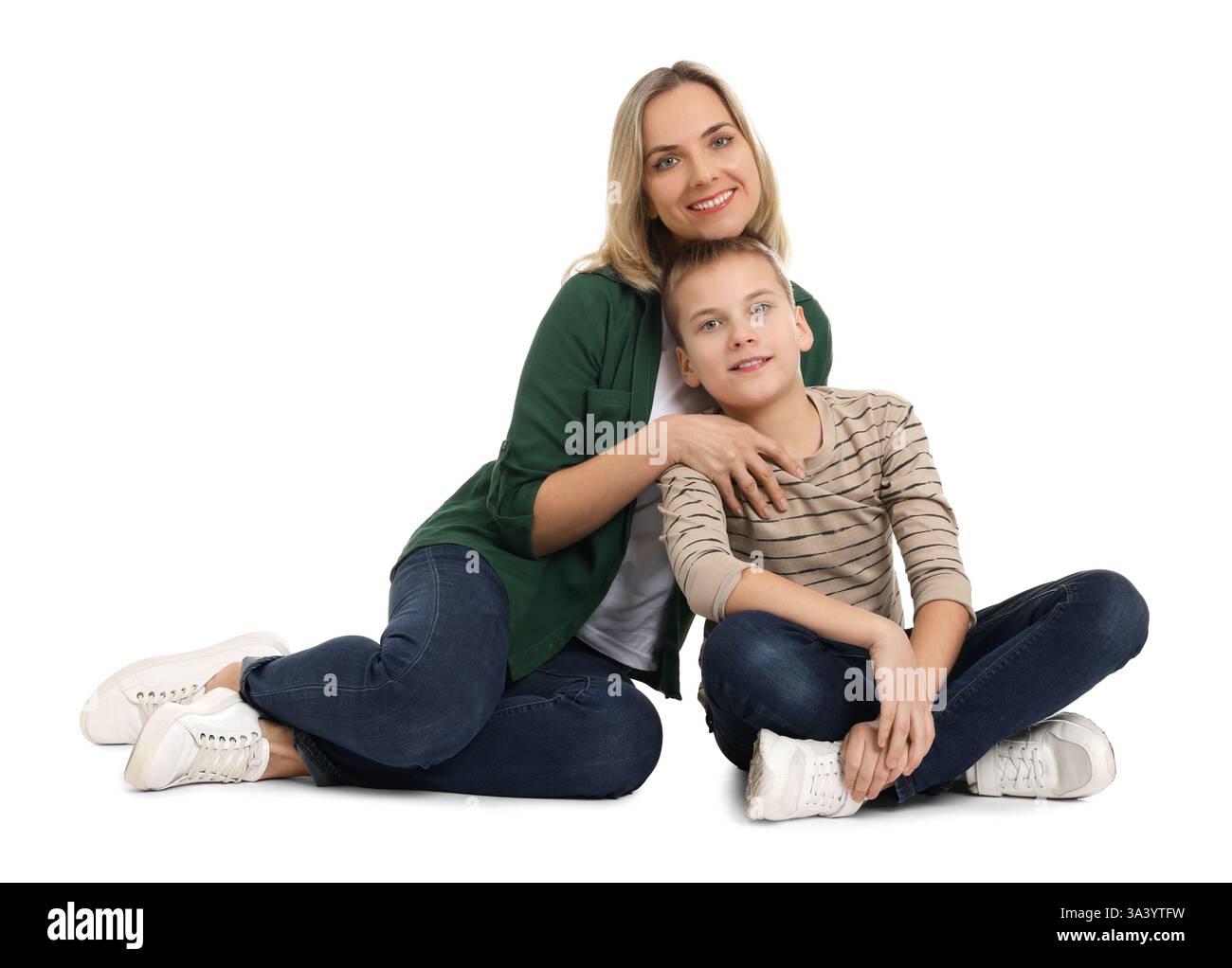 Happy mother and son on white background Stock Photo - Alamy