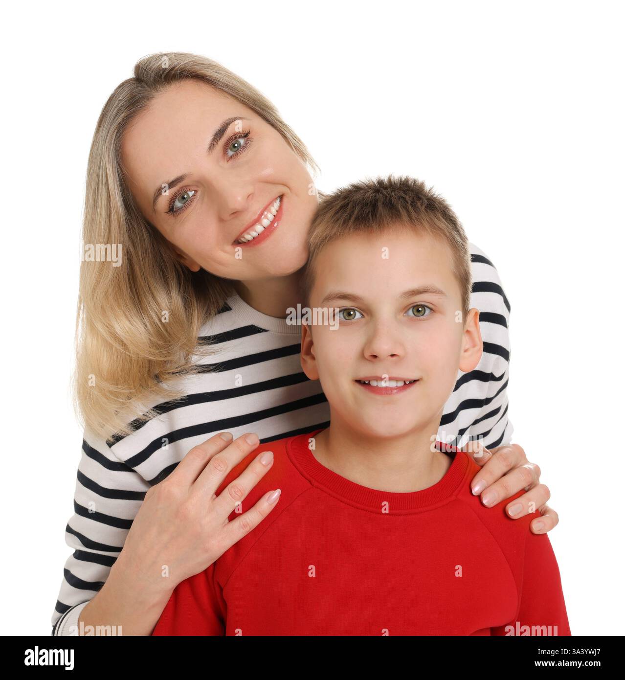 Mother and son hugging on white background Stock Photo - Alamy