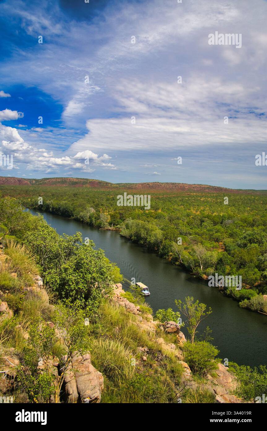 Aerial of a small cruise boat in the Katherine River in the remote ...