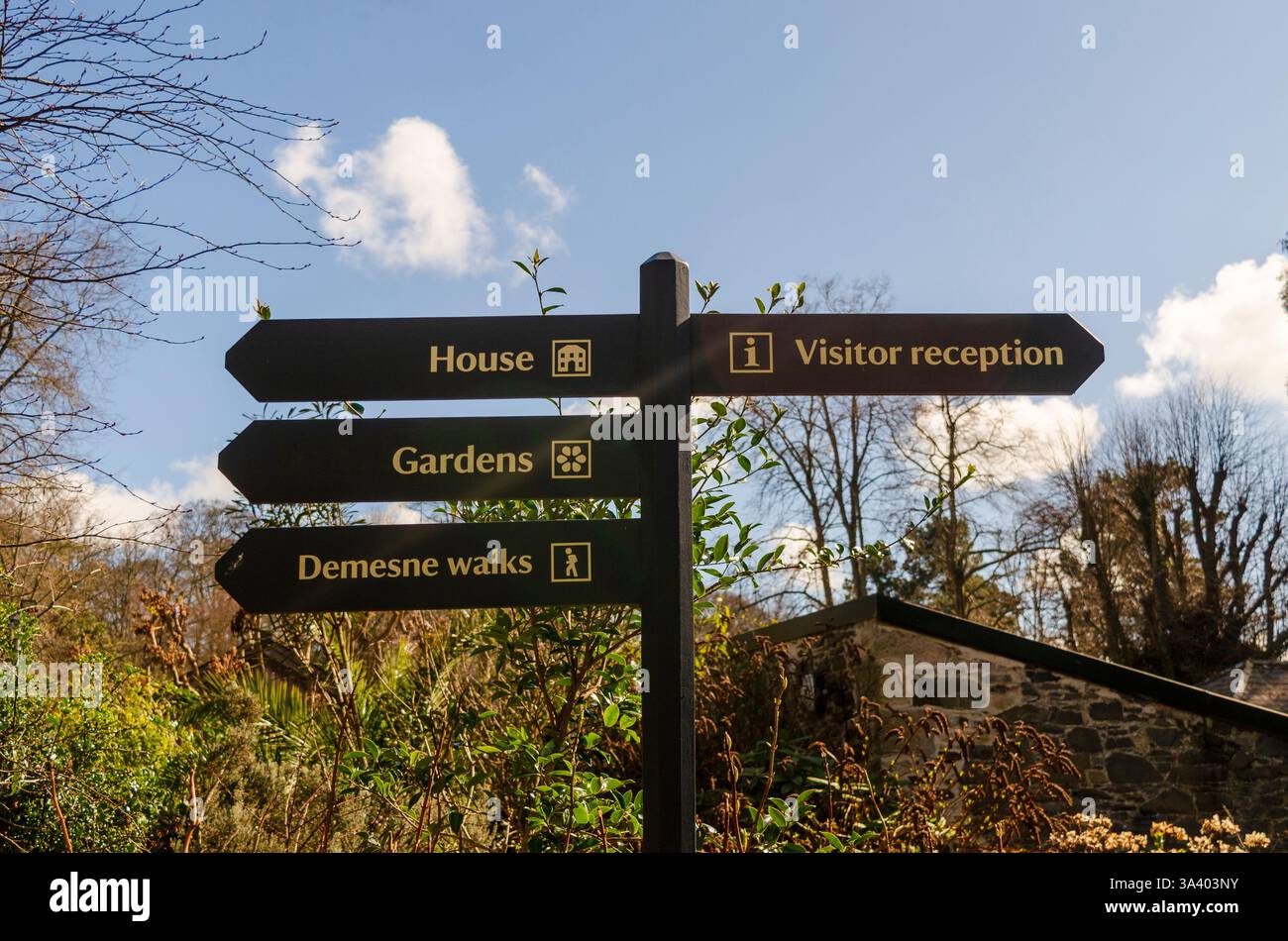 Directional sign on post in a country pointing to different attractions ...