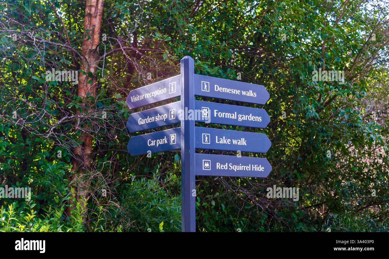 Directional sign on post in a country pointing to different attractions ...