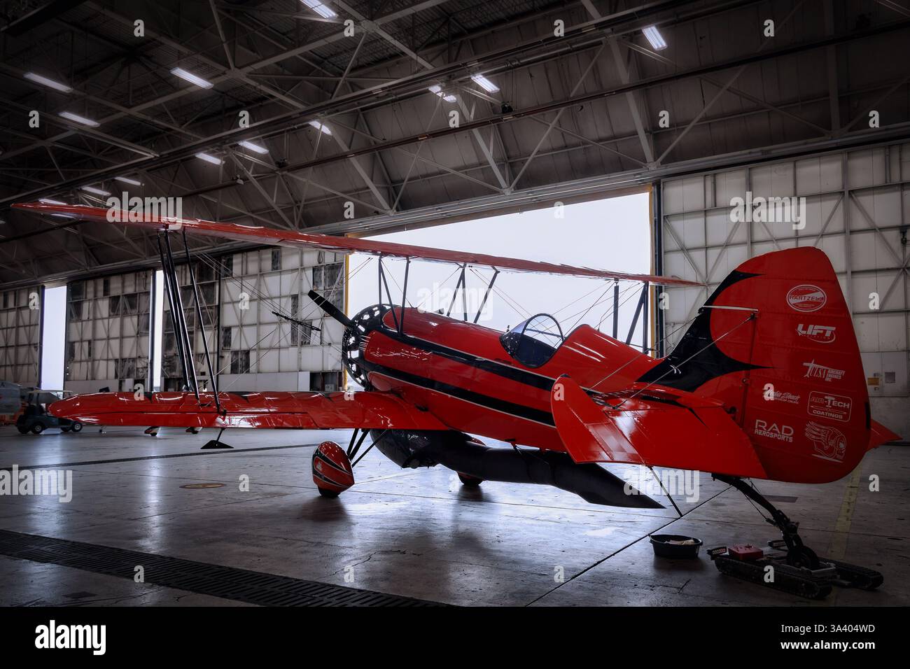 Jarrod Lindemann's jet engined Waco biplane sits in the hangar at the ...