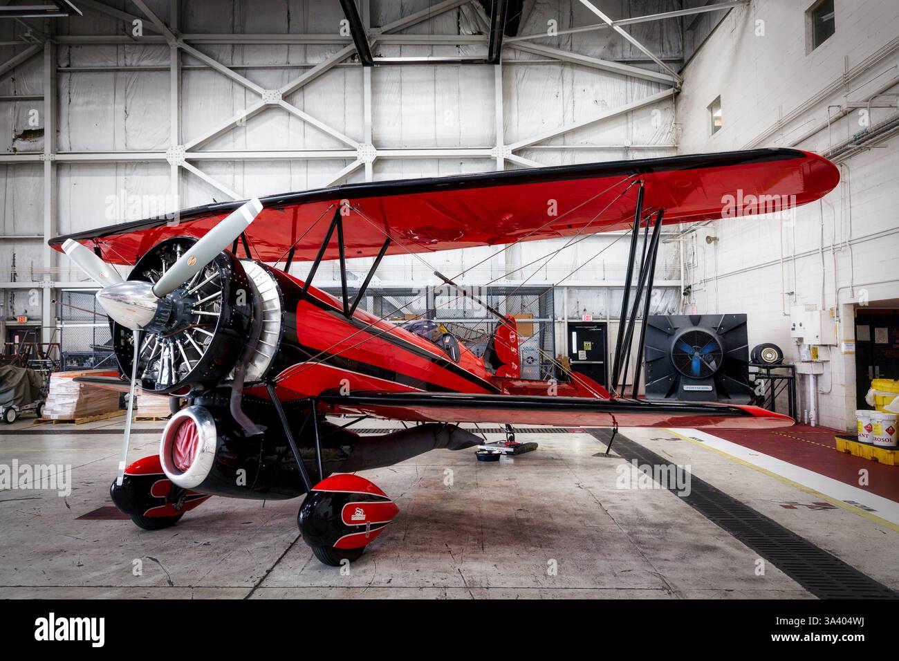 Jarrod Lindemann's jet engined Waco biplane sits in the hangar at the ...