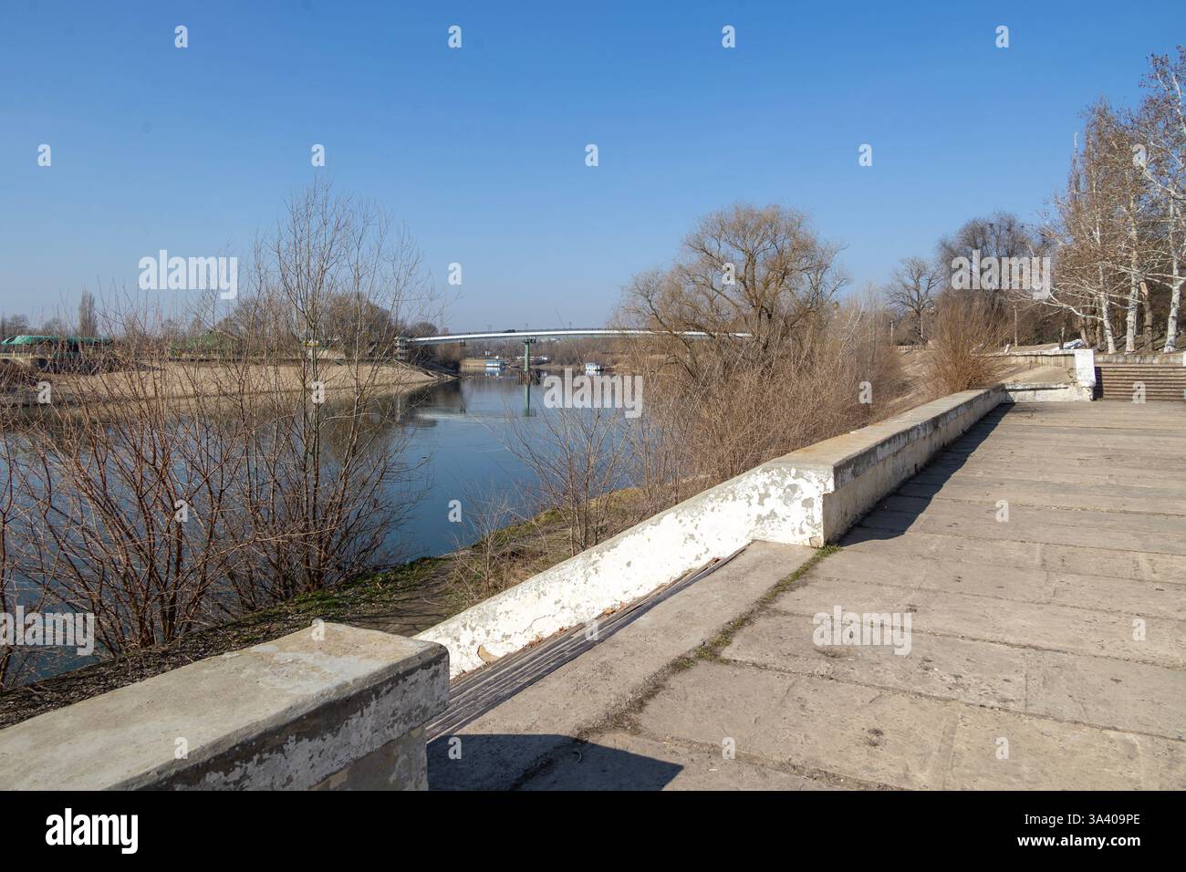 concrete embankment of the Dniester River in Tiraspol, Transnistria ...