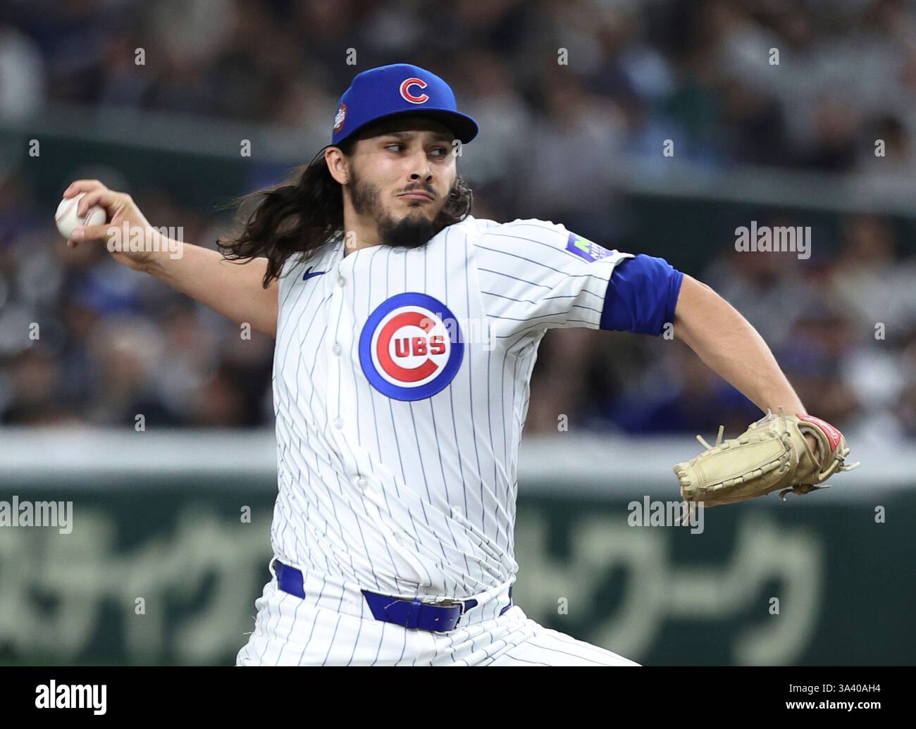 Eli Morgan of Chicago Cubs throws a ball as middle reliever in the 7th inning of the MLB Tokyo ...