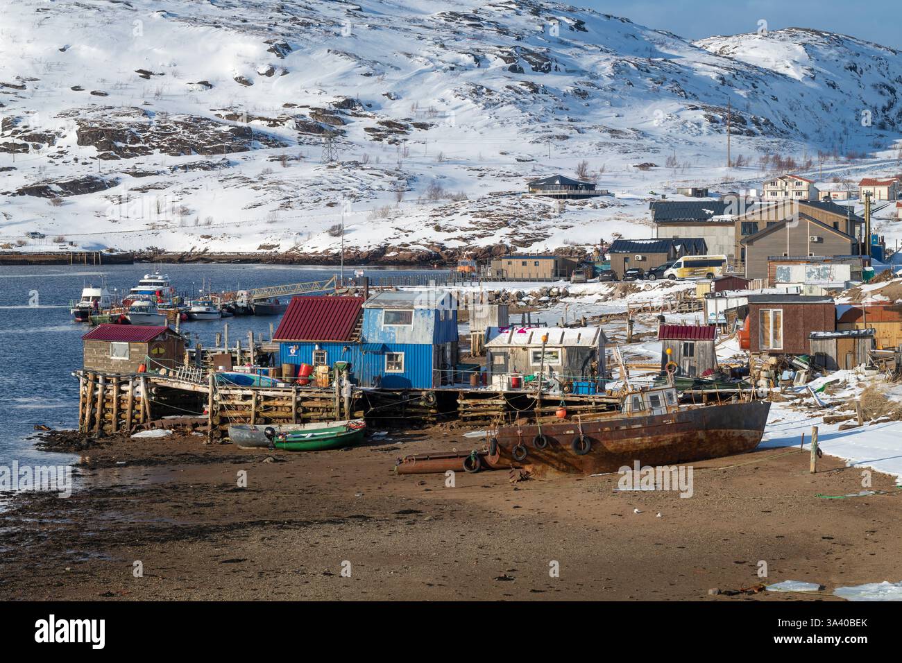 TERIBERKA, RUSSIA - MARCH 12, 2025: A sunny March day in modern Teriberka. Murmansk Region Stock ...