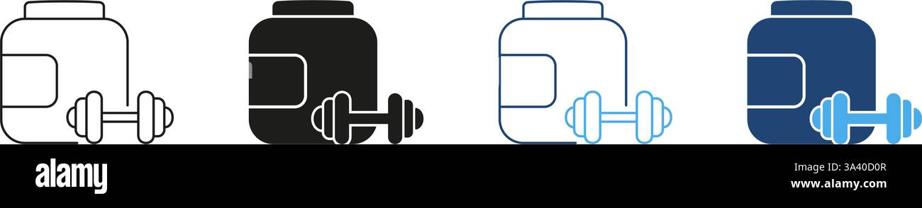 Protein Powder Container And Dumbbell Line and Silhouette Icon Set ...