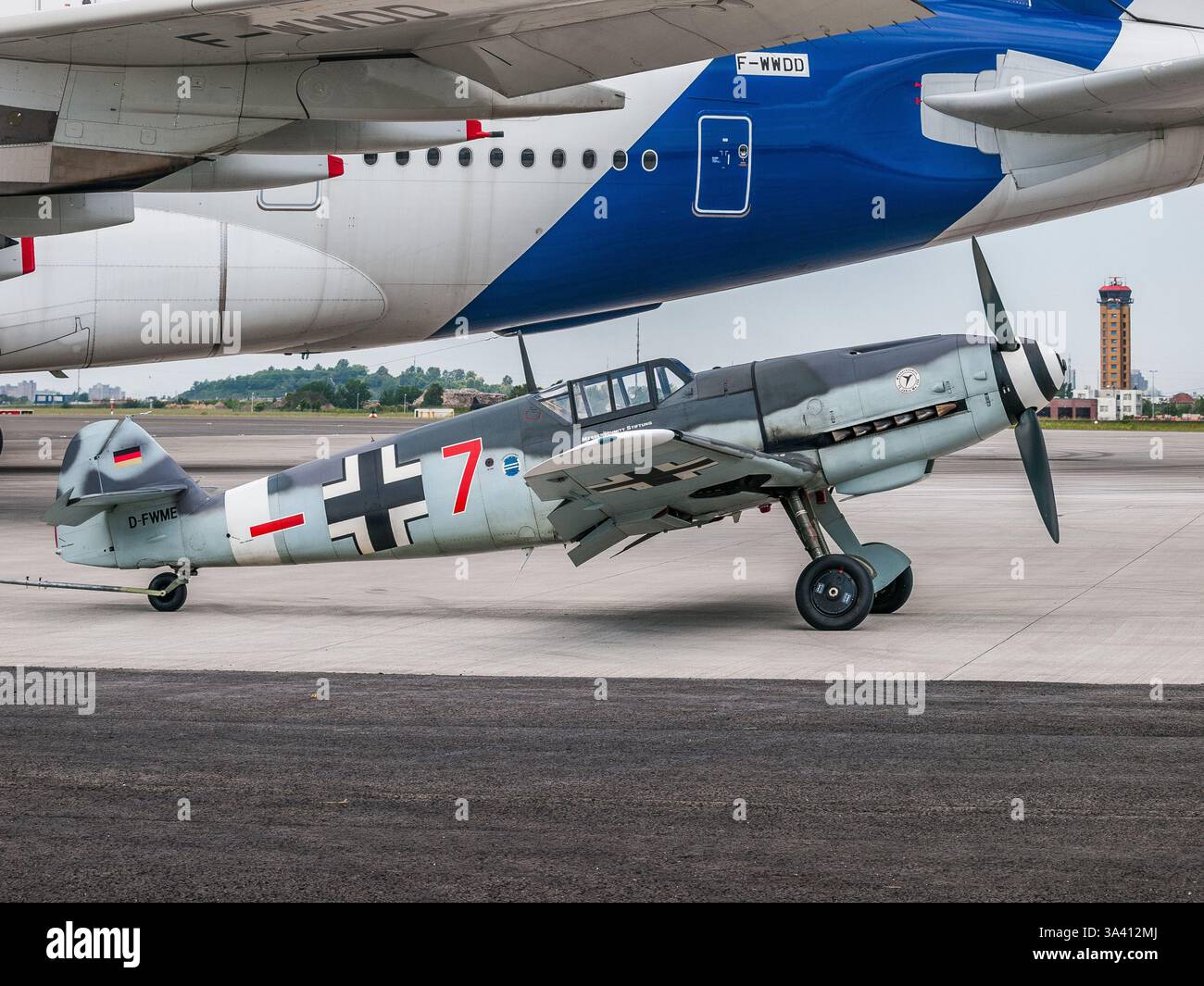 Berlin, Germany - June.10.2010: Airbus A380-800 and Messerschmitt Bf ...
