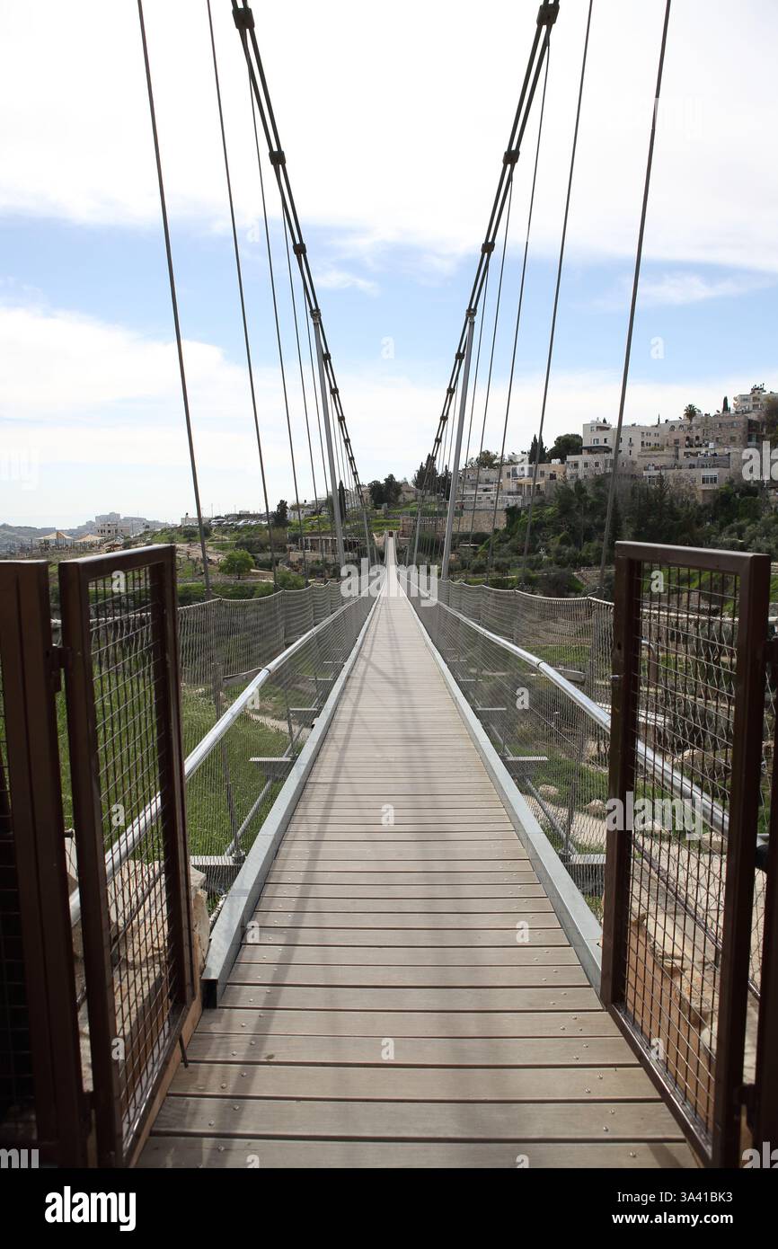 Tourist attraction, Hinnom Valley Suspension Bridge going from Mount ...